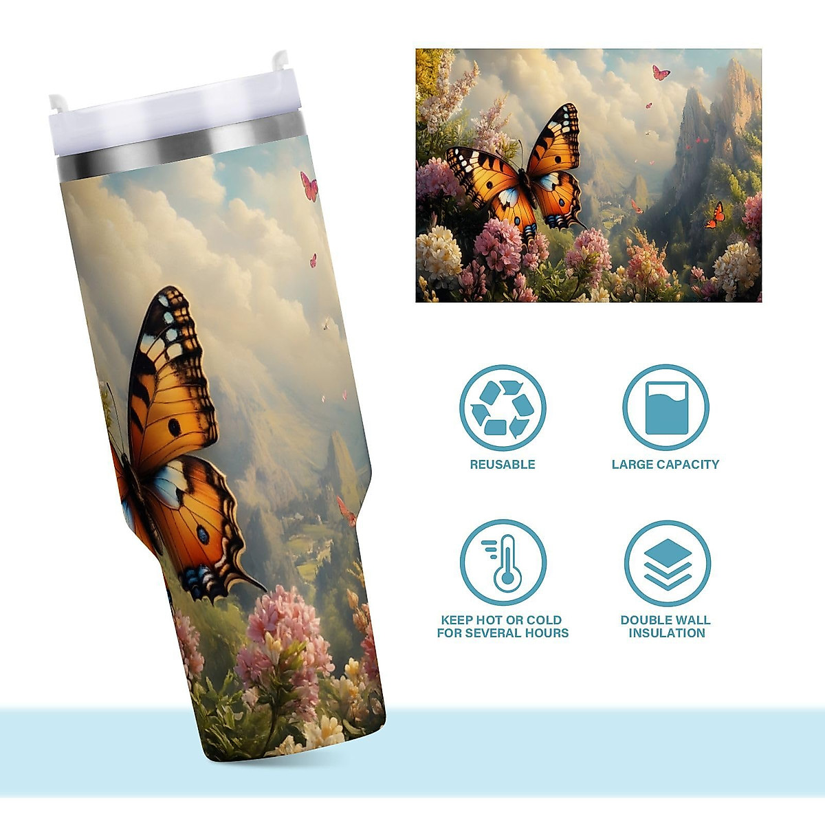 Jihqo Spring Butterflies Landscape 40 oz Stainless Steel Vacuum Insulated Tumbler with Handle and Straw Lid, Leakproof Water Bottle Double Wall Travel Mug Coffee Cup, Cupholder Friendly