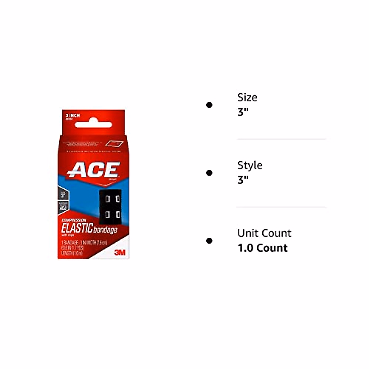 ACE 3 Inch Elastic Bandage with with Clips, Black, Great for Elbow, Ankle, Knee and More, 1 Count