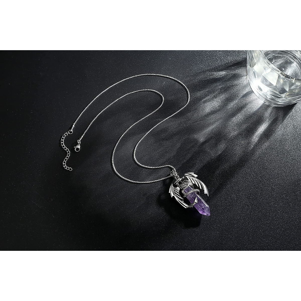 XIANNVXI Crystal Healing Stone Necklace for Men Women Amethyst Vintage Dragon Necklace Cool Simple Retro Natural Reiki Spirtural Witch Gemstone Pendant Jewelry