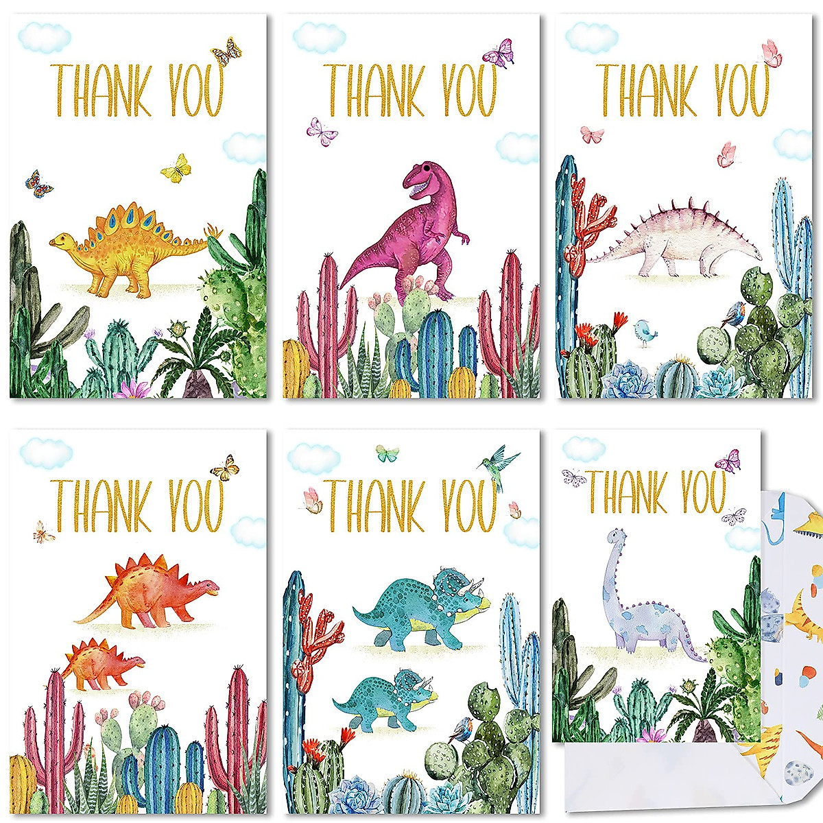72 Pcs Dinosaur Thank You Cards Includes 36 Pieces Dinosaur Envelopes and 36 Pieces Cactus Dino Thank You Cards Watercolor Dino Blank Notes for Baby Shower kids Birthday Party