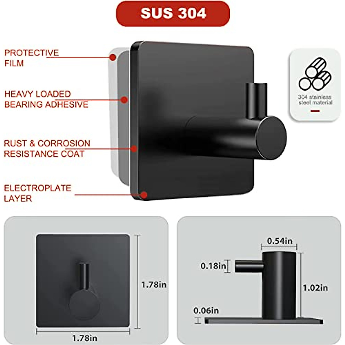 Matte Black Towel 5 Packs Hooks Bathroom Coat Hook Stainless Steel for Towel Robe,Clothes Cabinet Closet Wall Hook for Bedroom Kitchen Hotel Pool.