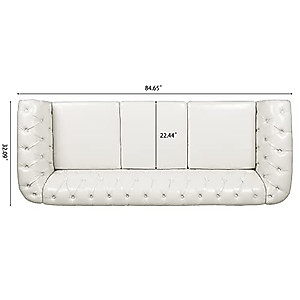 FANYE 84.65" 3-Seaters Chesterfield Clasic Luxury Roller Armrest Soild Wood Legs Sectional,Button Tufted PU Leather Upholstered Modular Sofa Couch with Reversible Cushions & Nailhead Decor, White