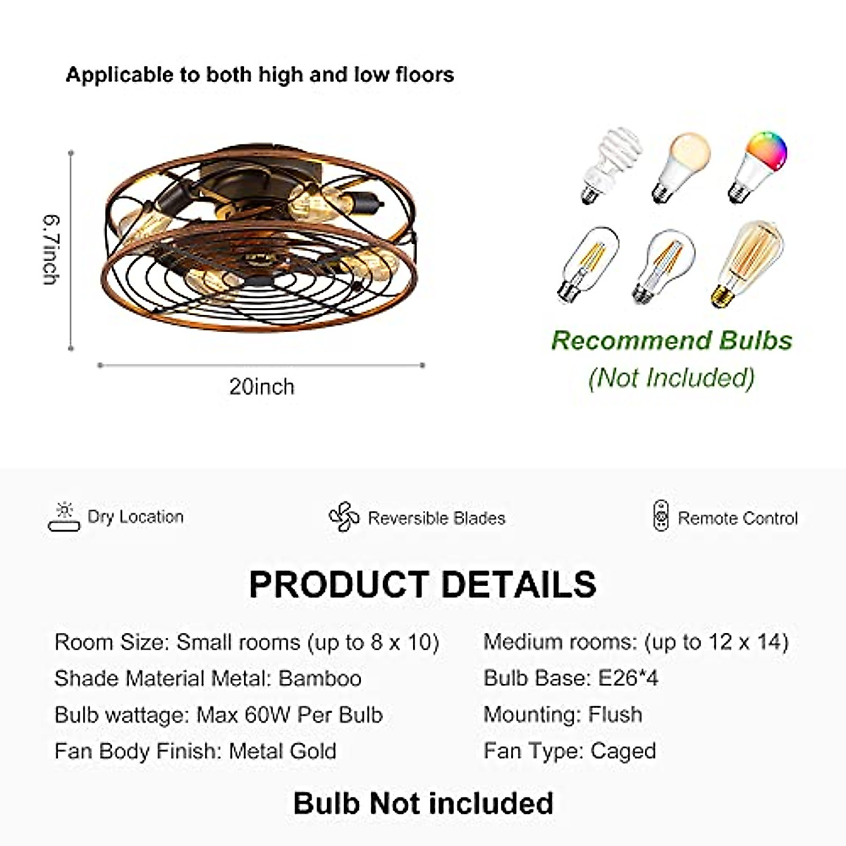 YEDAORL Caged Ceiling Fan with Light Flush Mount, 20 inch Vintage Low Profile Fandelier 6 Speed Chandelier Ceiling Fans Light Fixture with Reversible Motor Remote Control Black