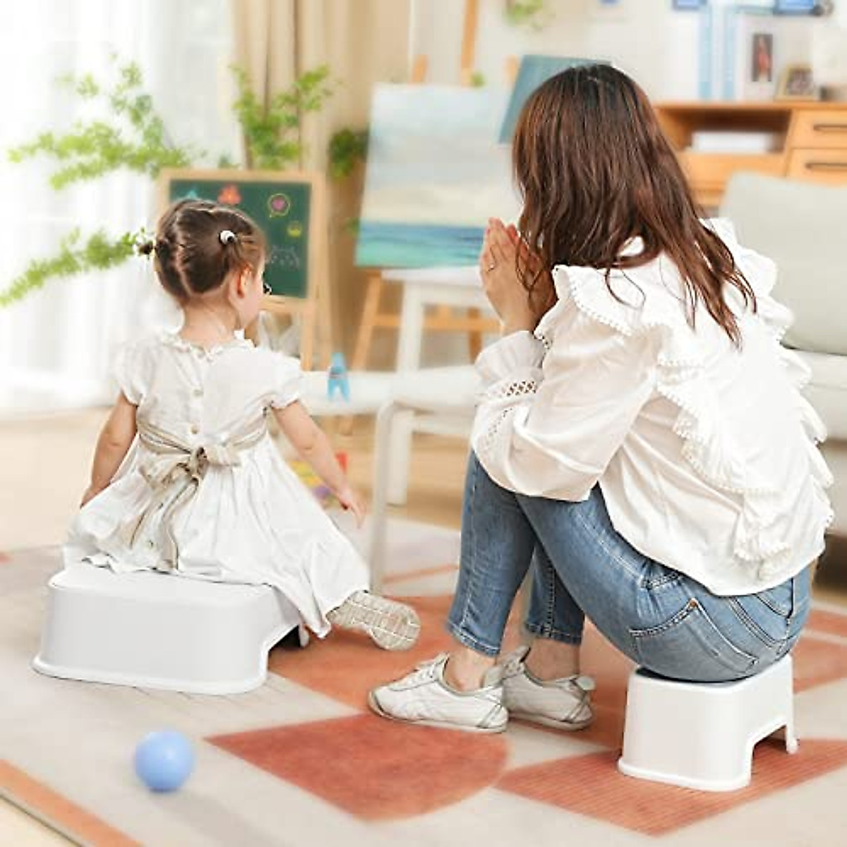 Two Step Stool for Kids, Double up Toddler Step Stool for Potty Training, Kitchen, Bathroom, Toilet Stool with Anti-Slip Strips for Safety, Stackable, Wide Step (1 Pack White)