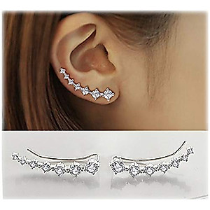 7 Crystals Ear Cuffs Hoop Climber S925 Sterling Silver Earrings Hypoallergenic Earring (White)