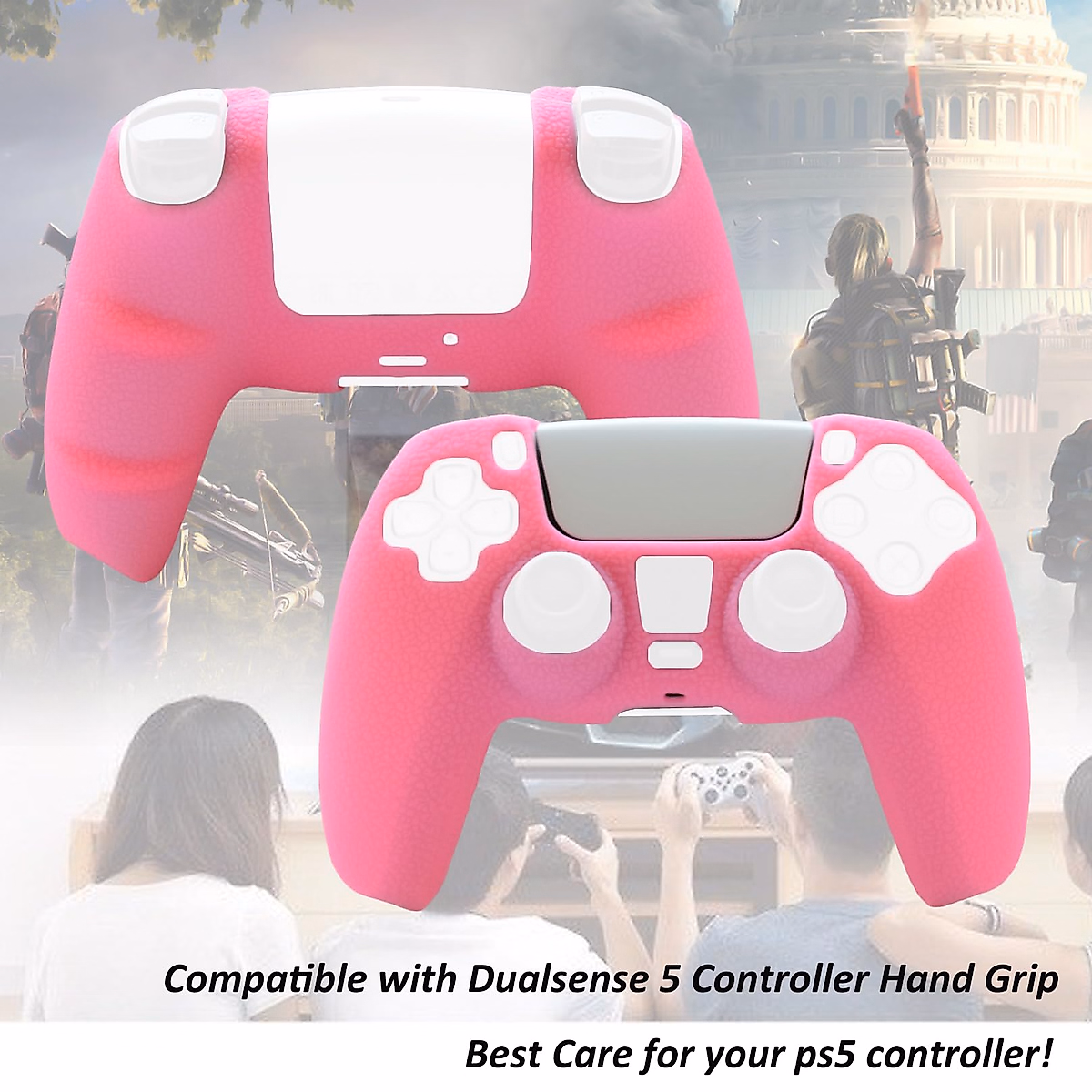 Pandaren PS5 Controller Cover, Texture Pattern PS5 Controller Skin for PS5 Controller Sweat-Proof Anti-Slip Silicone Grips Hand Grip with 8pcs FPS Pro Thumbsticks Cap Protector(Pink)