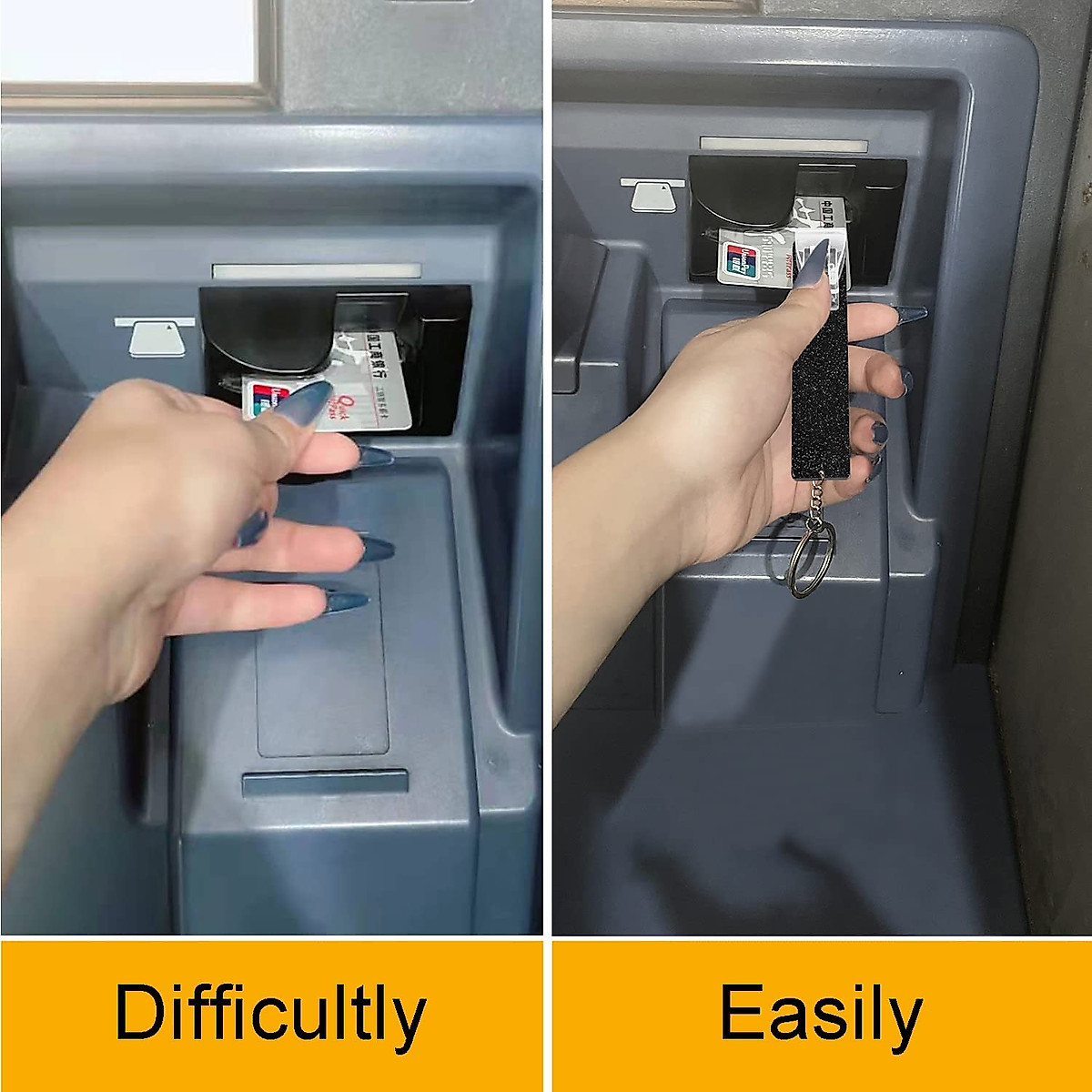 XIANGXING 【Newest Upgraded】 2 Pack Credit Card Puller, Cute Debit Bank Card Grabber for Long Nails ATM Keychain Women with Plastic Clip (Black+Black)