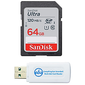 SanDisk 64GB SDXC SD Ultra Memory Card Works with Nikon Coolpix A900, A100, P1000, W100, W300, B700 Digital Camera (SDSDUN4-064G-GN6IN) Bundle with (1) Everything But Stromboli Card Reader