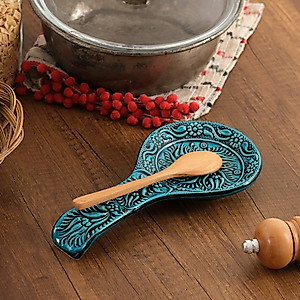 BCS Spoon Rest Set of 2 - Ceramic Spoon Holder for Stovetop & Kitchen Counter - Dishwasher Safe Handmade Kitchen Utensil (Turquoise 4.5" W x 9" L)
