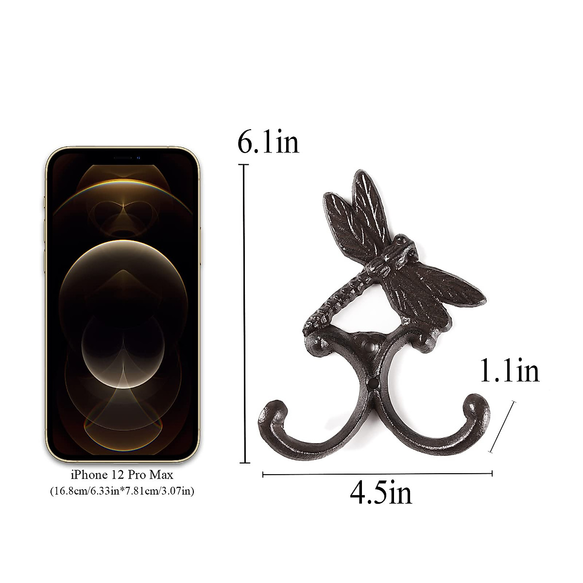 BRASSTAR Cast Iron Dragonfly Shape 2 Coat Hooks Wall Mount Hanging for Coats, Bags, Hats, Towels, Keys, Antique Replica Rust Color Home Art Decor TQGJPT276