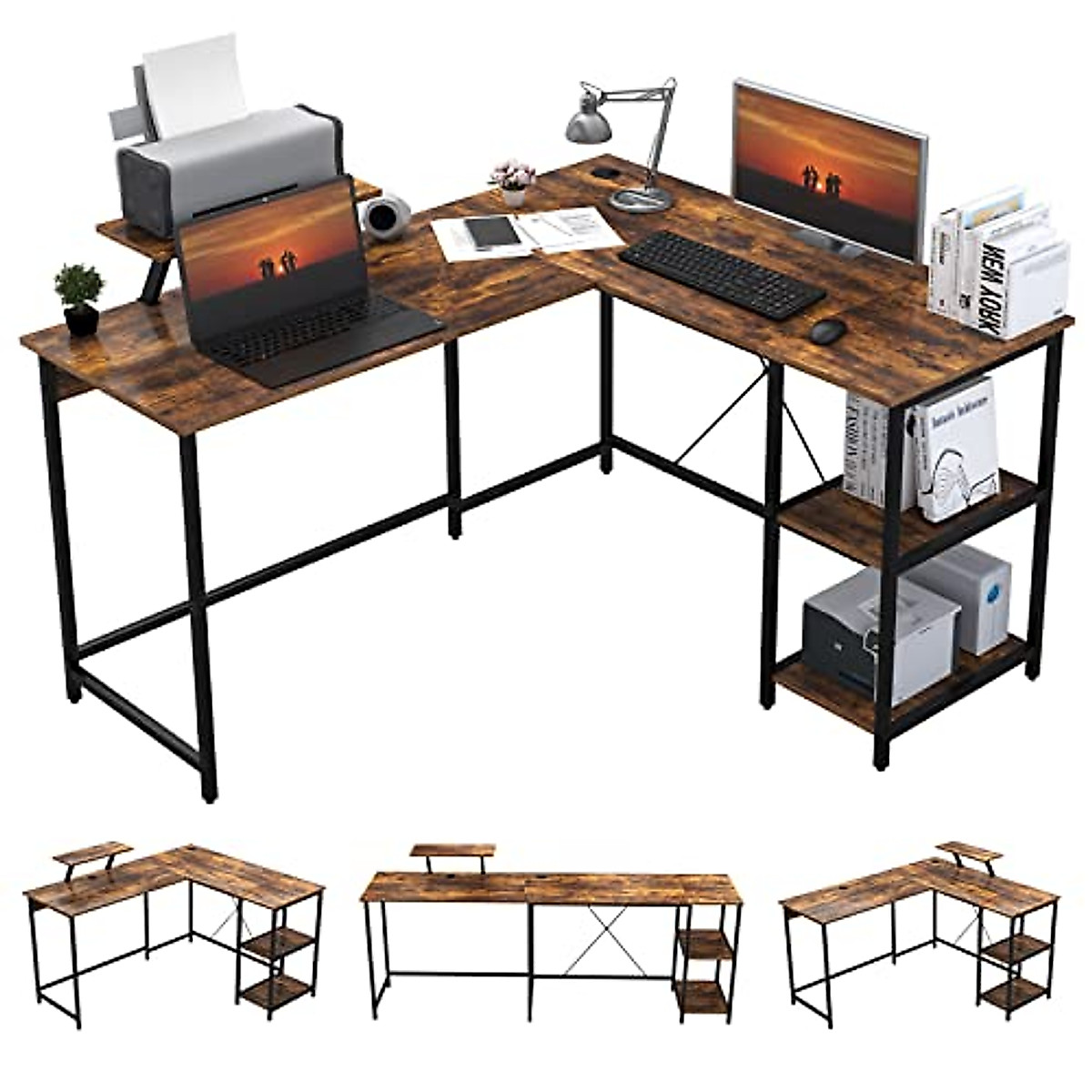 OUTFINE L Shaped Desk Corner Desk Double Computer Desk Home Office Gaming Workstation with Storage Shelves and Monitor Stand