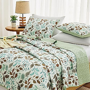 WRENSONGE Quilts Queen Size, 3 Pieces Green Leaf Summer Reversible Quilt Bedding Sets, Soft Lightweight Microfiber Floral Pattern Printed Bedspread Coverlet for Bed, Couch, Blanket All Season 90"*94"