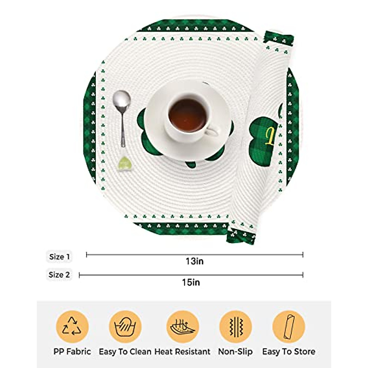 15" Round Braided Placemats Set of 2 St. Patrick Clover Shamrocks Classic Stylish Woven Place Mats Table Mats Set-Thick Heat Resistant Kitchen Trivet Hot Pads Pot Holder for Dining Tables