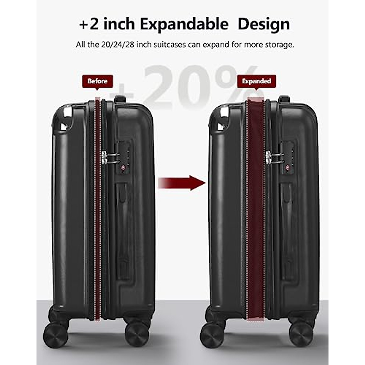 SunnyTour Expandable Luggage Sets with Double Spinner Wheels, 3 Piece Hard Suitcase Set for Short Trips and Long Travel, Black