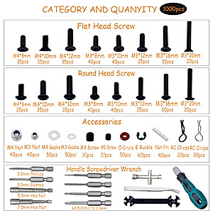 1000pcs RC Screw Kit and RC Screwdrivers, RC Tool Kit for Traxxas Axial Redcat Arrma HPI HSP SCX10 RC4WD Losi 1/8 1/10 1/12 1/16 Scale RC Cars Trucks Crawler Accessories Screw Kit