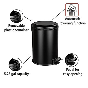 WENKO Black, Trash Can with Lid and Pedal, Garbage Bin for Kitchen with Removable Inner Bucket, Easy Close, Steel, Matt, 5.28 Gal, 12 x 17.32 x 14.76