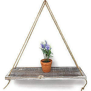 MtnGift Farmhouse Boho Rustic Rope Hanging Shelf - Floating Wooden Decorative Wall Swing Shelves (Set of 3)