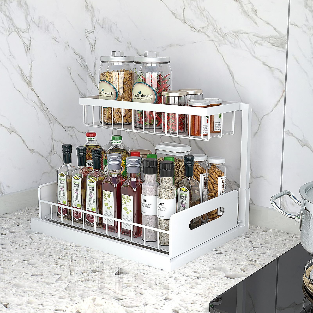 bukfen Under Sink Organizer, Pull Out Home Organizers 2-Tier Slide Out Sliding Shelf Under Cabinet Storage Multi-Use for Under Kitchen Bathroom Sink Organizers and Storage,White,2 Pack