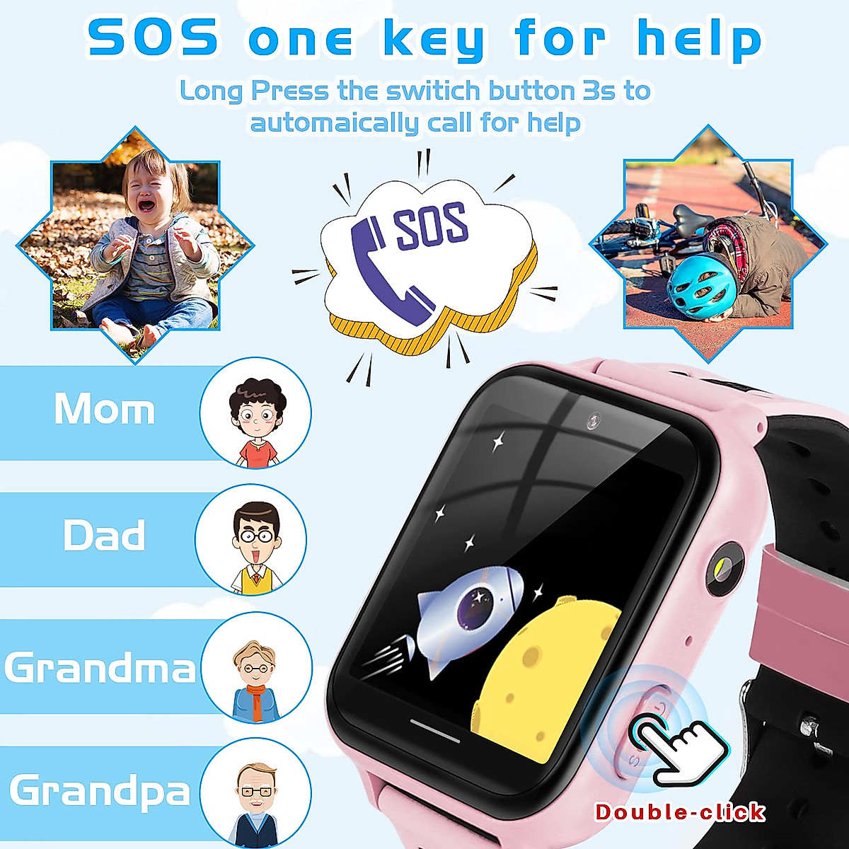 Kids Smart Watch Phone, HD Touch Screen Smartwatch with Music MP3 Player, Video Recorder, Camera, Games, SOS, Dinosaur Wristband, (1GB SD Card) Sport Wrist Watch for Age 3-14 Boys Girls Gifts-Pink