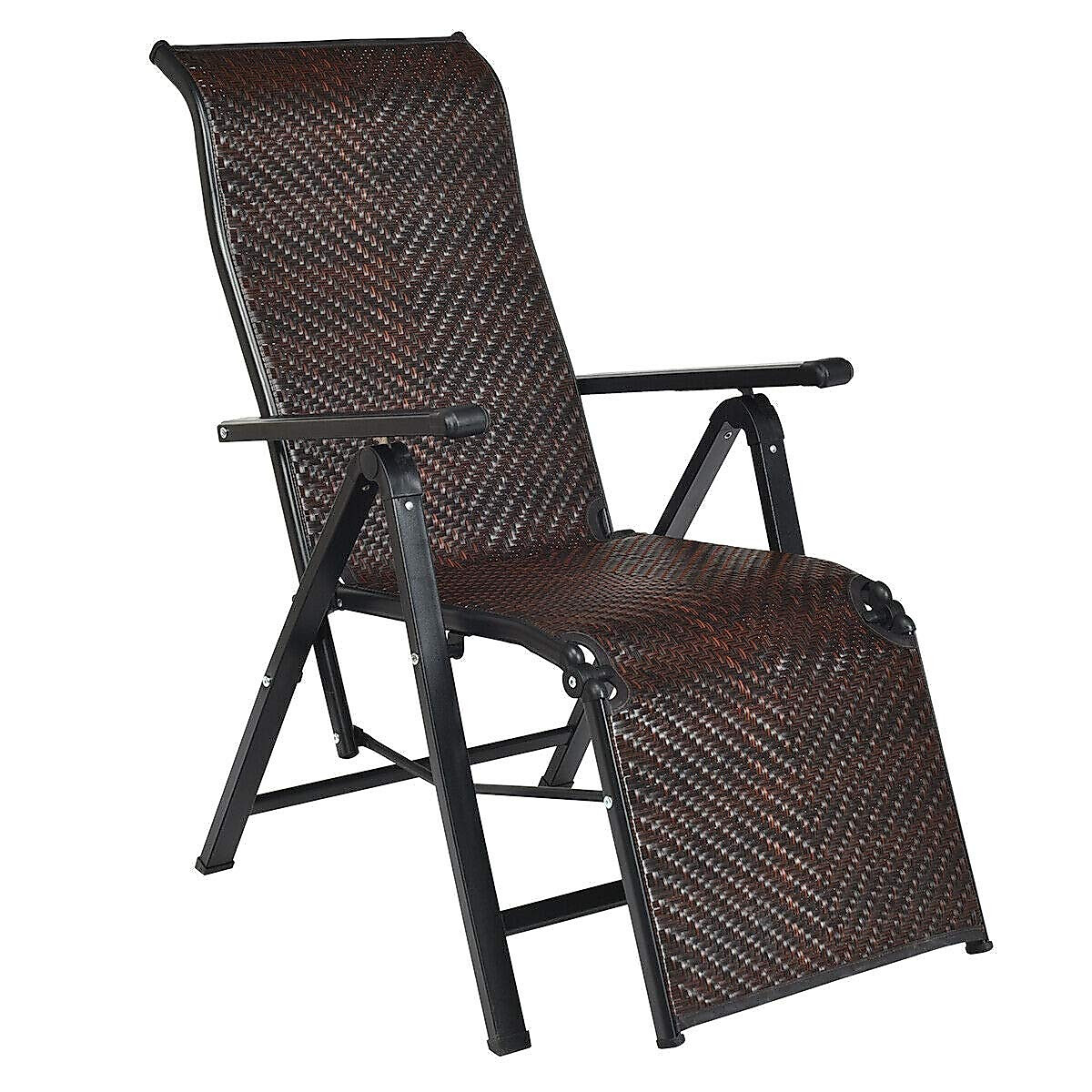 Outdoor PE Rattan Folding Lounge Chair Chaise Lounge Reclining Chair Ergonomic Adjustable Backrest Position Solid Steel Frame Construction Ideal for Patio Beach Balcony Backyard Pool Side Use