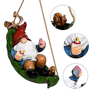 ASAMASA Funny Garden Gnomes Outdoor Hanging Statue, Fairy Garden Swinging Leaf Hammock Gnome Figurine for Lawn Patio Yard Tree Decorations,Adorable Relaxed Gnome