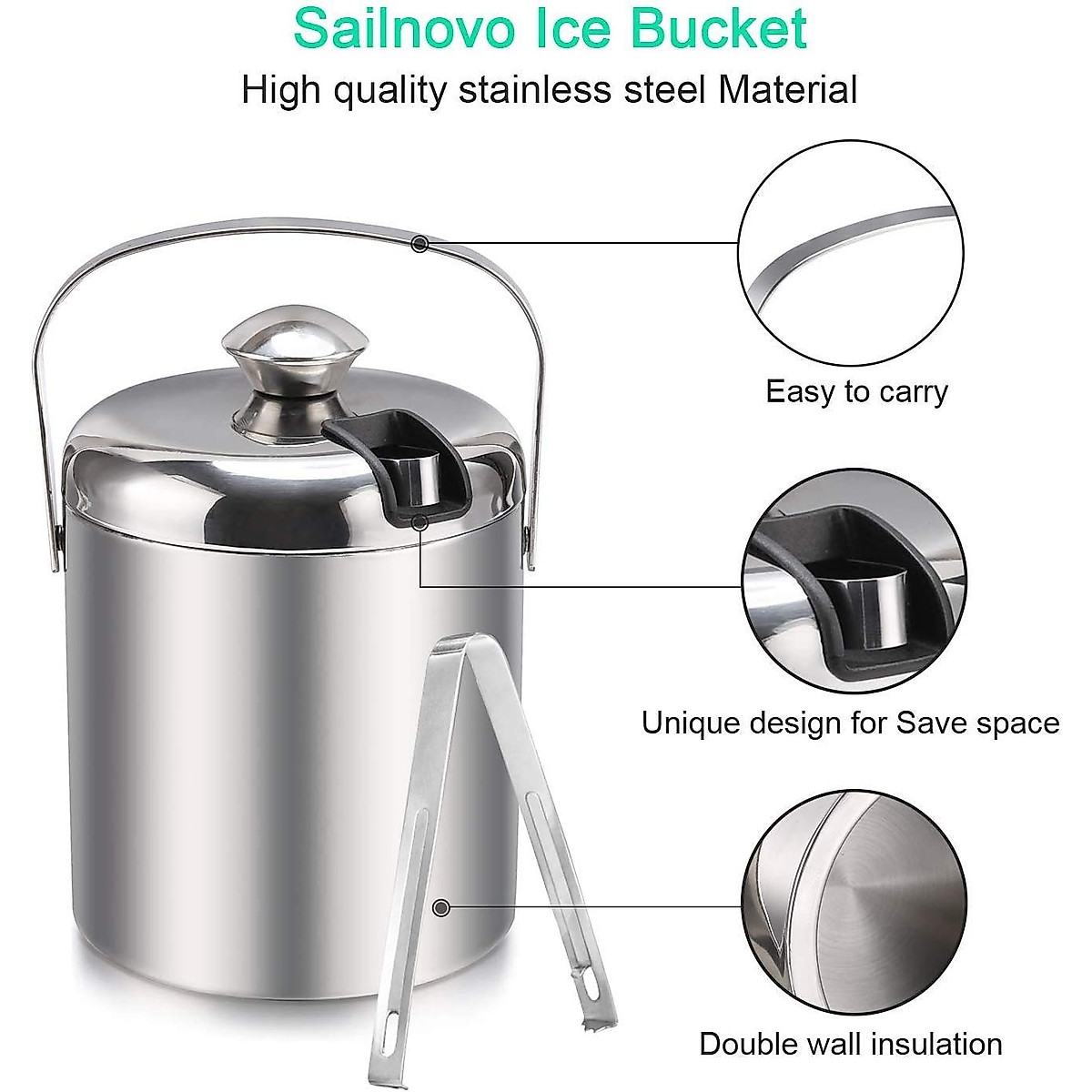 Sailnovo Ice Bucket, Double-Wall Stainless Steel Insulated Ice Buckets With Lid and Ice Tong, Ideal for Cocktail Bar, Parties, Chilling Wine, Champagne - 1.2 Liter Ice Container