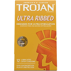 TROJAN Ultra Ribbed Premium Lubricated Condoms, 12 Count