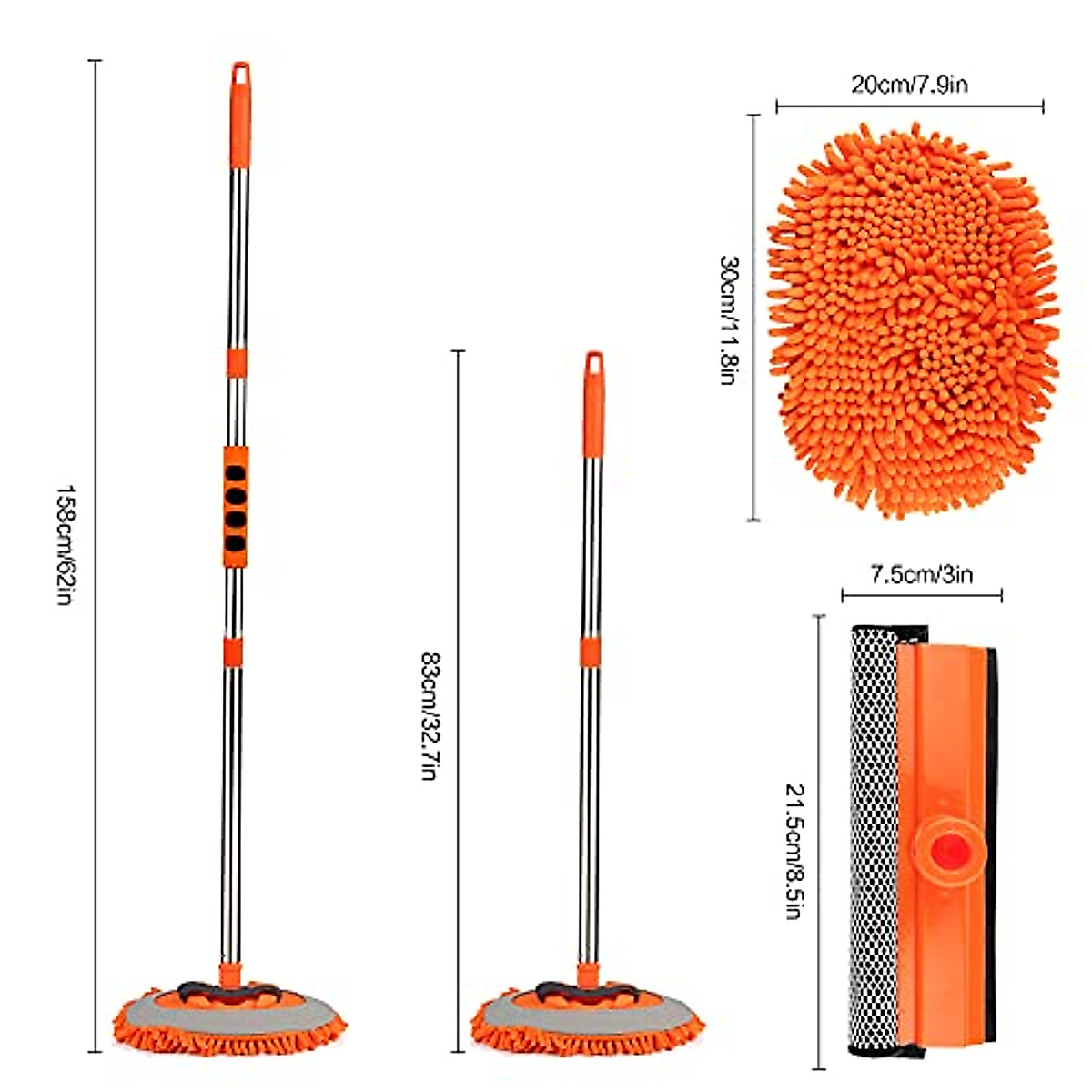 GES 62'' Car Wash Mop Mitt with Long Handle, 3 in 1 Chenille Microfiber Car Wash Brush Extension Pole, Scratch Cleaning Tool for Car, Truck, RV, Total 1 Pcs Mop Head and 1Pcs Drying Squeegee Sponge