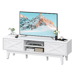 TV Stand for 55/60/65 Inch TV, Farmhouse Entertainment Center with Shelves, Cabinets and Sliding Doors, Rustic TV Media Console Table with Solid Wood Feet & Cord Holes for Living Room, Bedroom, White