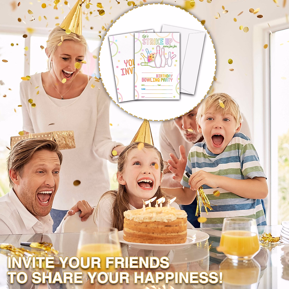 Chuxvon Bowling Birthday Party Invitations, Strike Up Birthday Invitation, Double-Sided Neon Glow Themed Fill In Invites, Kids Glow Bowling Birthday Party Decorations, 20 Cards With 20 Envelopes(C07)