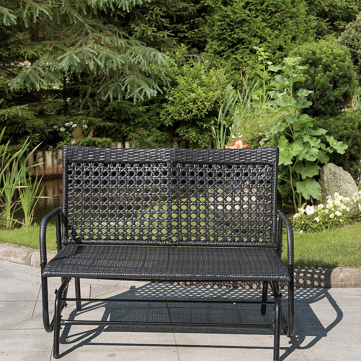Sundale Outdoor Wicker Porch Glider Rocker Chair, Outdoor 2 Person Glider, Garden Bench Loveseat Sofa Couch for Patio, Outside, Poolside - Black, Metal, 350 Lbs Capacity