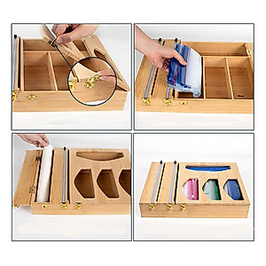 EAZE STORE Ziplock Bag Foil Plastic Wrap Dispenser Kitchen Drawer Organizer With Built-In Slider Cutter For Drawer Or Wall Mount Bamboo 6 In 1 Dispenser