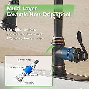 BATHLAVISH Bronze Kitchen Sink Faucet Oil Rubbed with Pull Down Sprayer Commercial Farmhouse Single Hole Single Handle with Hole Cover Plate Solid Brass Lead-Free