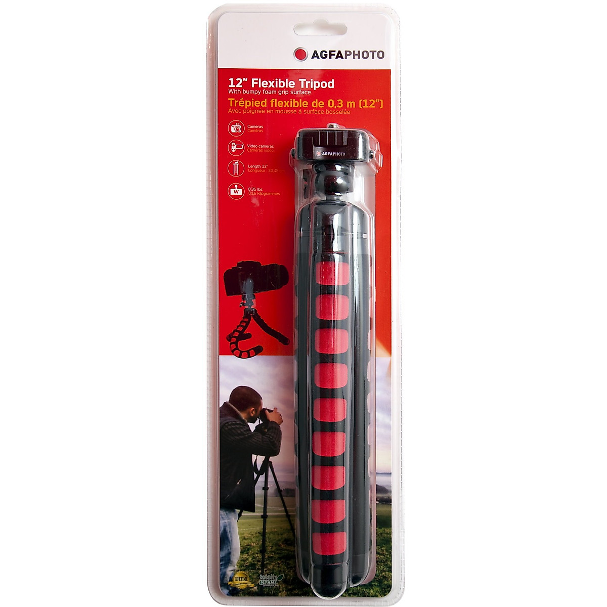 AGFA 12-Inch, Flexible Tripod with Foam Grips - Red APTP12R