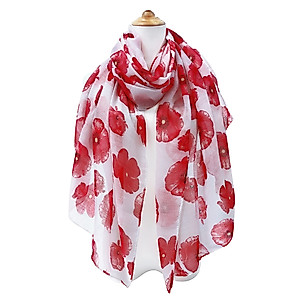 GERINLY Red Poppy Floral White Scarf for Women Oblong Shawl Wrap for Summer Travel Cotton Voile Beach Sarong