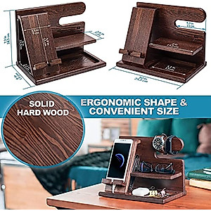 TESLYAR Wood Phone Docking Station Ash Key Holder Wallet Stand Watch Organizer Men Gift Husband Wife Anniversary Dad Birthday Nightstand Purse Father Graduation Male Travel Idea Gadgets… (Brown)