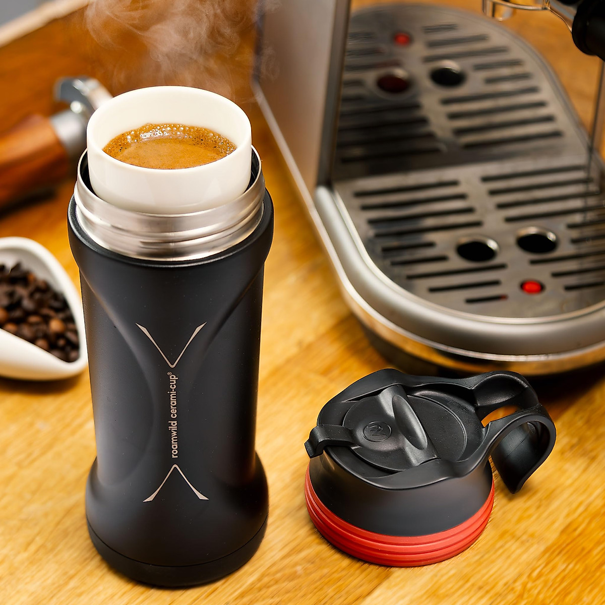 Roamwild Cerami Cup 16oz / 455ml – With Unique Ceramic Fresh Tasting Inner - Quadruple Thermal Insulation Technology Stainless Steel Travel Mug, BPA-Free, Dishwasher Safe (Black & Red)