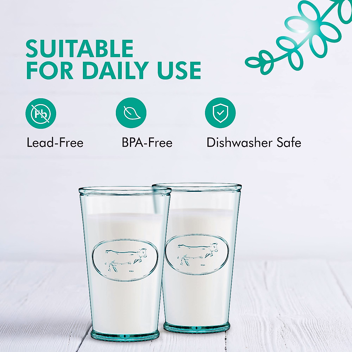 Amici Home Milk Glass | 11 Oz | Italian Made, Clear Recycled Glass with Green Tint | Cute Glass with Cow Motif for Milk, Water, Juice, Cocktails, Fresh Drinks (Set of 4)