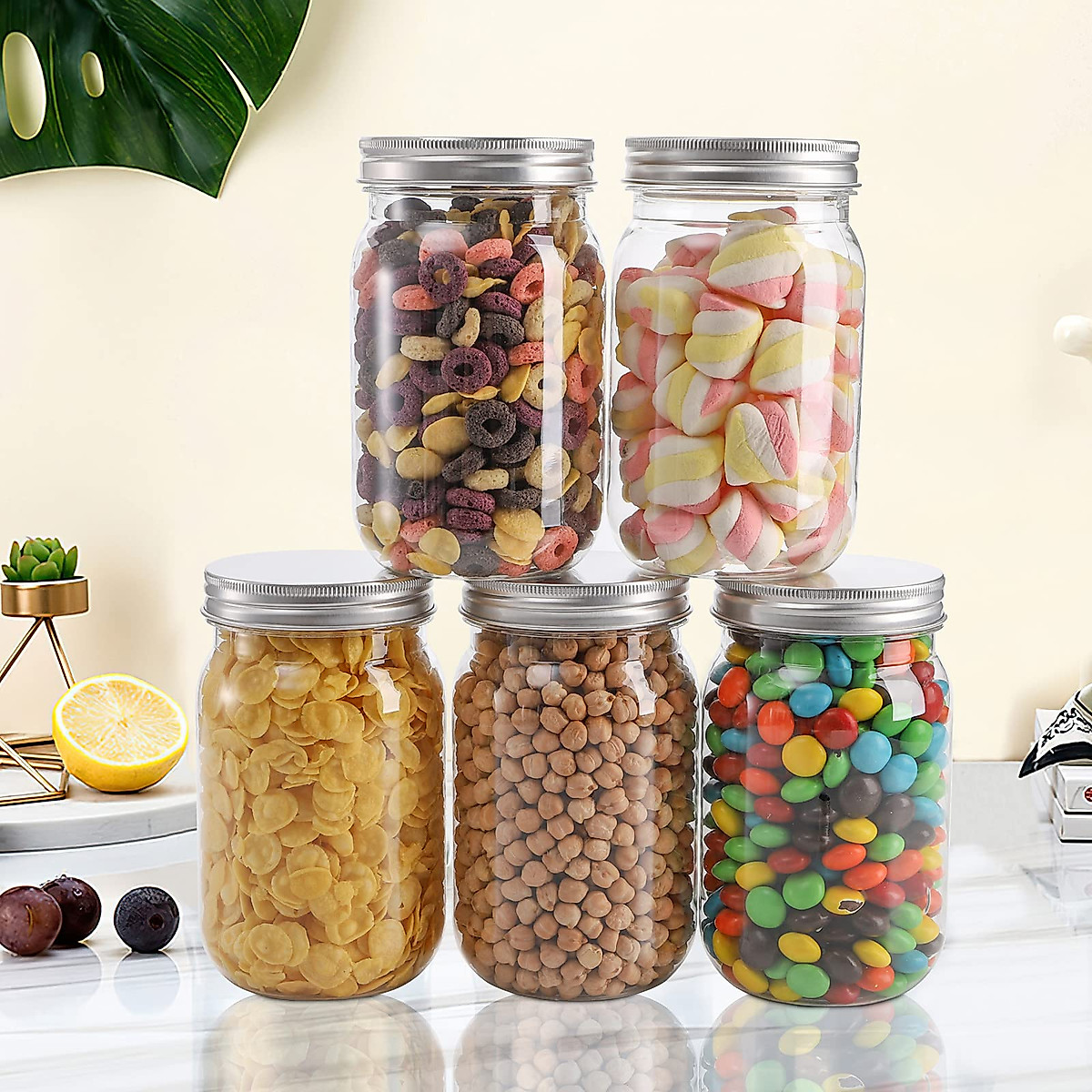 Tebery 12 Pack Clear Plastic Mason Jars with One Piece Lids, 16OZ Mason Cocktail Cup Shatterproof Drinking Jar, Refillable Empty Slime Storage Containers for Overnight Oats, Honey, Spices and Herbs