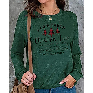 Farm Fresh Christmas Plaid Trees T Shirt Womens Casual Letter Print Long Sleeve Shirt Funny Pullover Graphic Tees (Green, Medium)