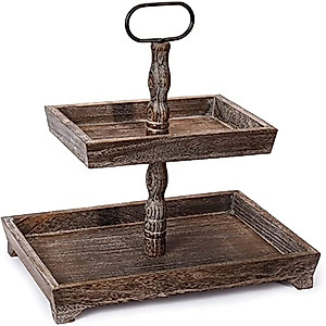 Rustic Wooden Two Tiered Tray Farmhouse - Brown Wood Rectangular Fruit and Cake Stand - Versatile Tiered Stand for Serving and Decor