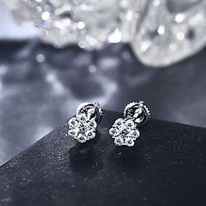 AHSIWC Screw Back Sterling Silver Stud Earrings for Women, 18k Gold Plated Brilliant Cut Cublic Zirconia 6 Prong Hypoallergenic Flower CZ Stud Earrings for Women Gifts