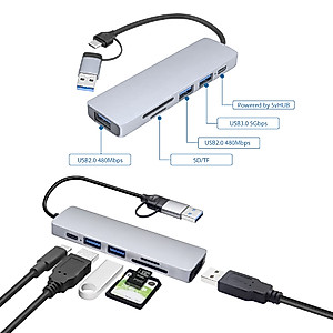 RIIEYOCA USB C & USB A Multiport Hub,2 in 1 USB C to USB A 3.0 Hub Adapter,with 3 USB Ports,SD & TF Reader,5V USB C Powered,for USB and SD/TF Card Devices