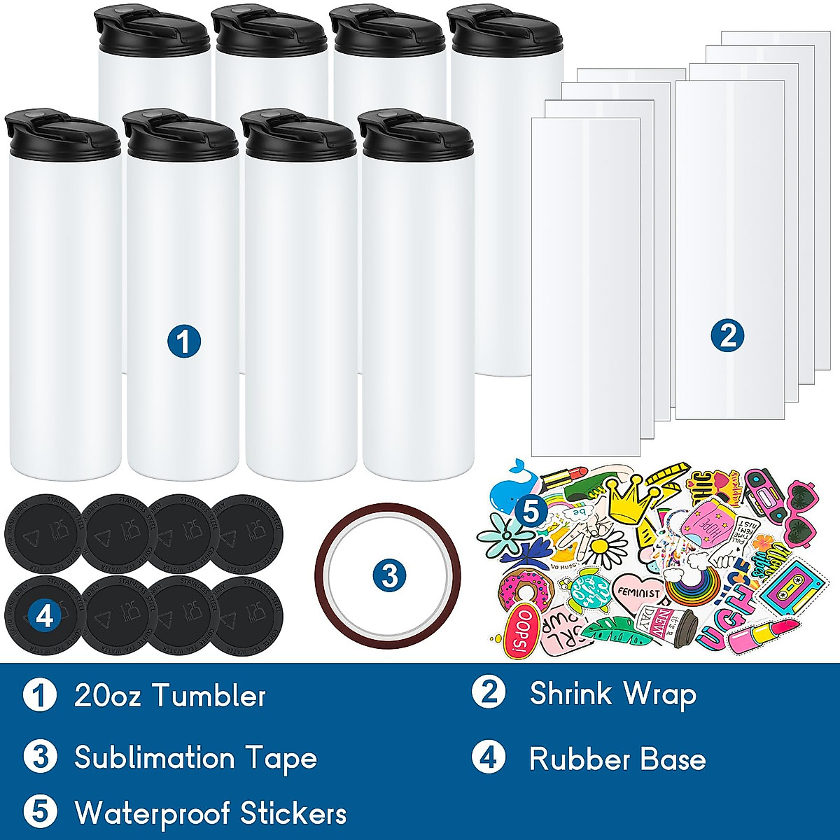 8 Pack 20 oz Sublimation Tumblers Dual Opening Blank Bottles Triple-Insulated Stainless Steel Water Bottle with Straw Lid Blank Tumbler Bulk with Shrink Wrap, Rubber Base, Heat Tape for Heat Transfer