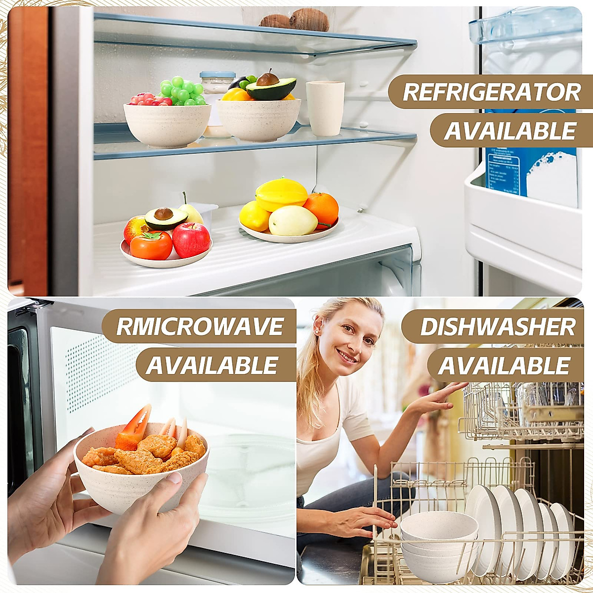 56 Pcs Wheat Straw Dinnerware Sets for 8 Reusable Plates and Bowls Set, Plastic Children Cups, Forks, Knives and Spoon Dishwasher Microwave Safe for Kitchen Camping Party Picnic Outdoor (Beige)