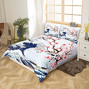 Feelyou Cherry Blossoms Bedding Set Chic Crane Duvet Cover for Kids Girls Women Ocean Wave Decor Comforter Cover Pink Japanese Ukiyoe Theme Bedspread Cover with 2 Pillowcases 3Pcs Bedding Queen