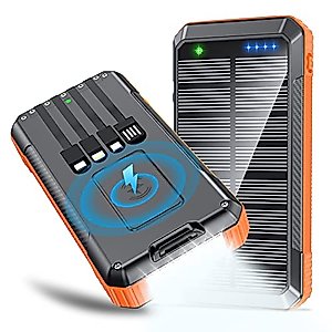 DJKK Solar Power Bank Wireless Charger 33800mAh Built in 4 Cables and LED Camping Lights 22.5W Fast Charging Power Bank 7 Outputs 4 Inputs Portable Charger Compatible with All Mobile Devices (Orange)