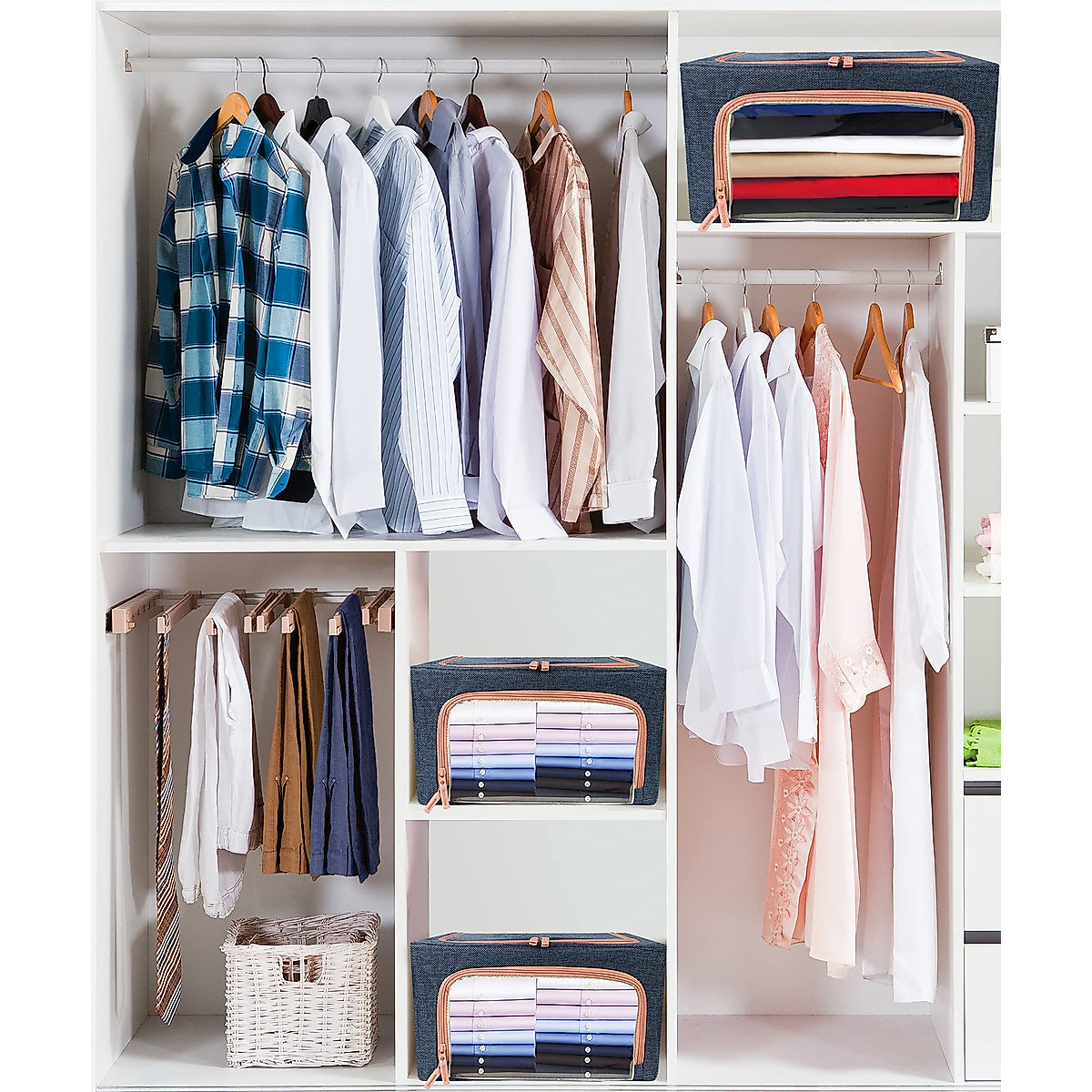 Pranski 2-PACK Clothes Storage Bins Box, Linen Fabric Foldable Cloth Container with Clear Window & Carry Handles Metal Steel Frame - Large Capacity for Closet, Blankets, Toys, Books (Blue, 22L)