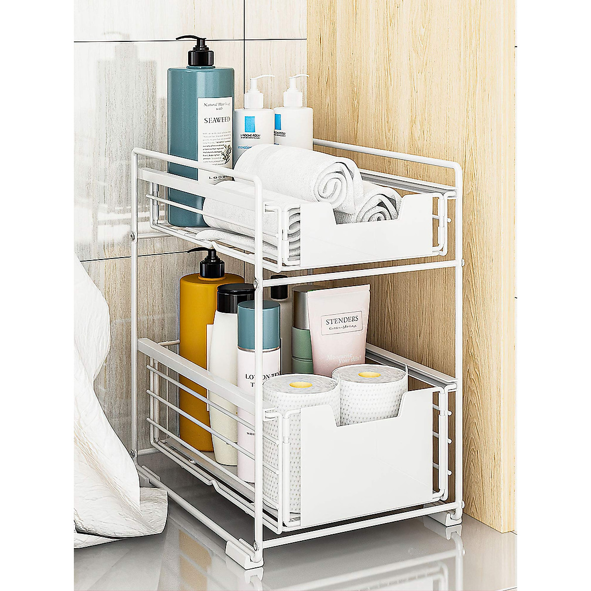 poplarbox Metal Basket Organizer 2 Tier Sliding Basket Organizer Drawer Under Sink Cabinet Storage Organizer Drawer Storage Shelf Spice Rack for Kitchen Countertop Pantry Bathroom Office Desktop