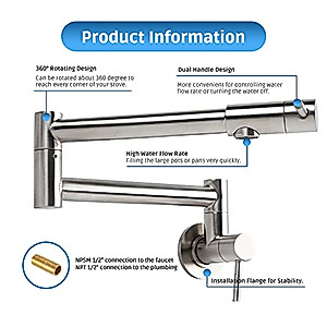 Allkorma Pot Filler Faucet Brushed Nickel, Wall Mount Kitchen Stainless Steel Faucets, 19.7" Folding Stretchable Faucet, 2 Joint Swing Arm with 2 Handles